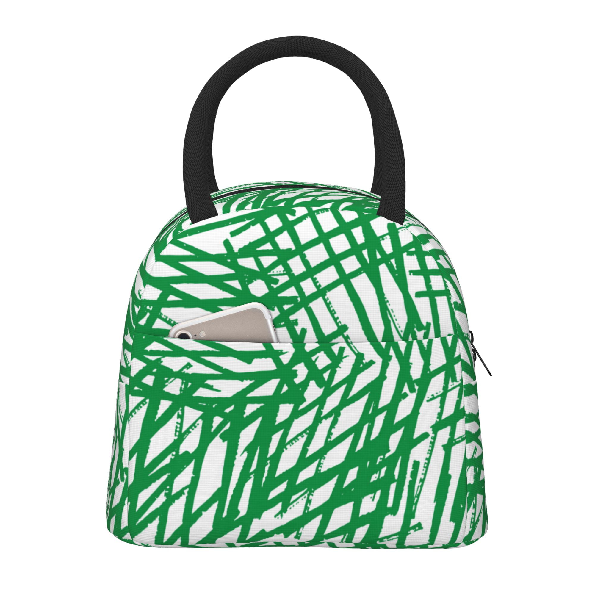 YFYANG Portable Waterproof Insulated Lunch Bag, Green Watercolor Lines ...