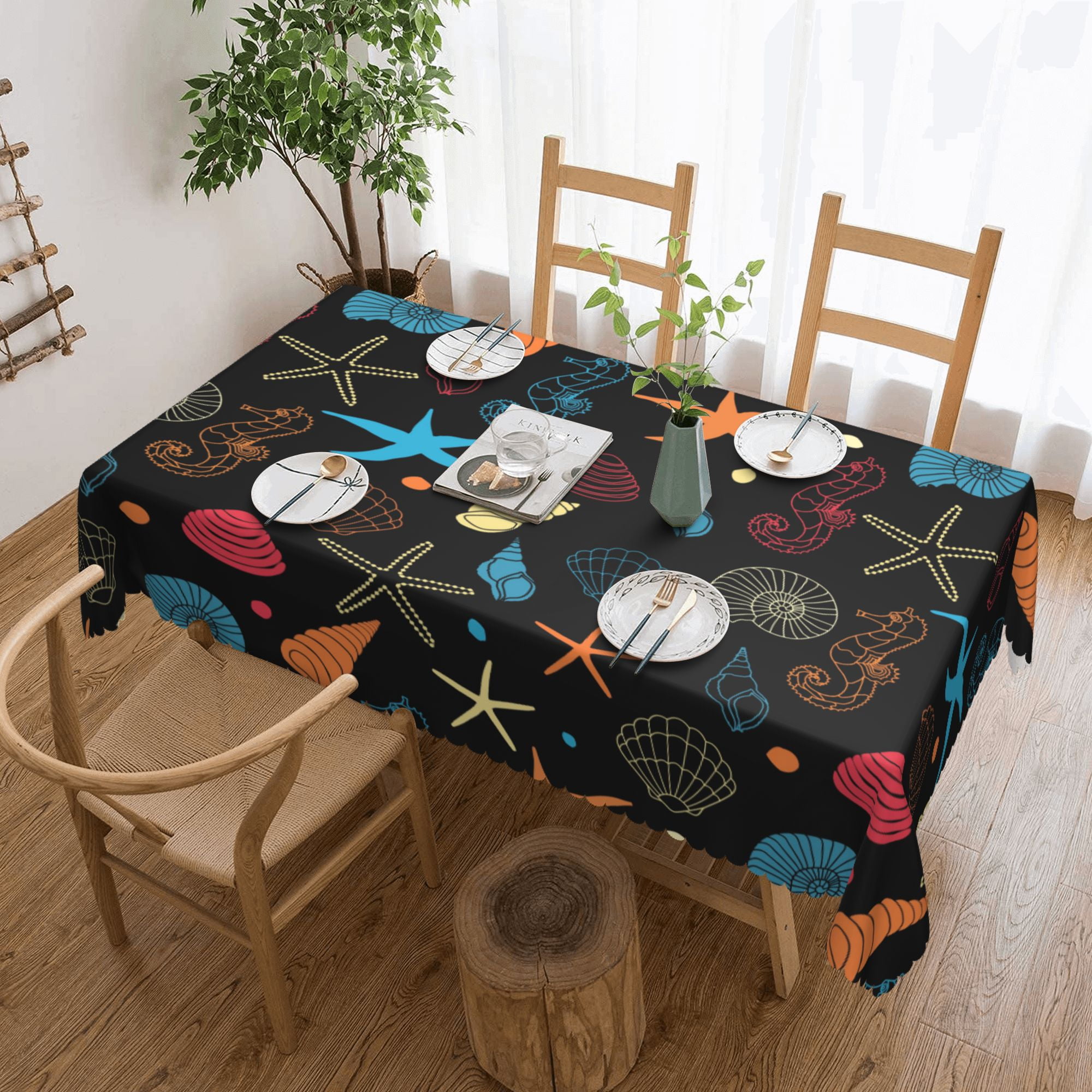 YFYANG Rectangular Polyester Table Cloth Hand-Drawn Marine Life ...