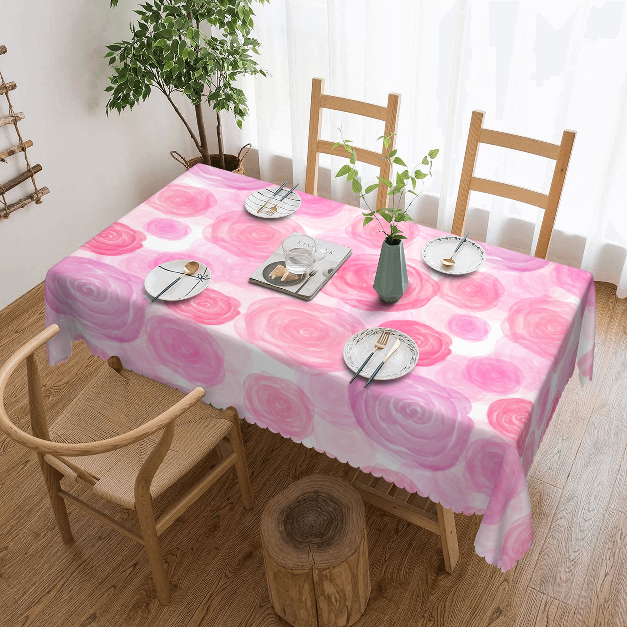 YFYANG Rectangular Polyester Table Cloth Pink Watercolor Roses Table ...