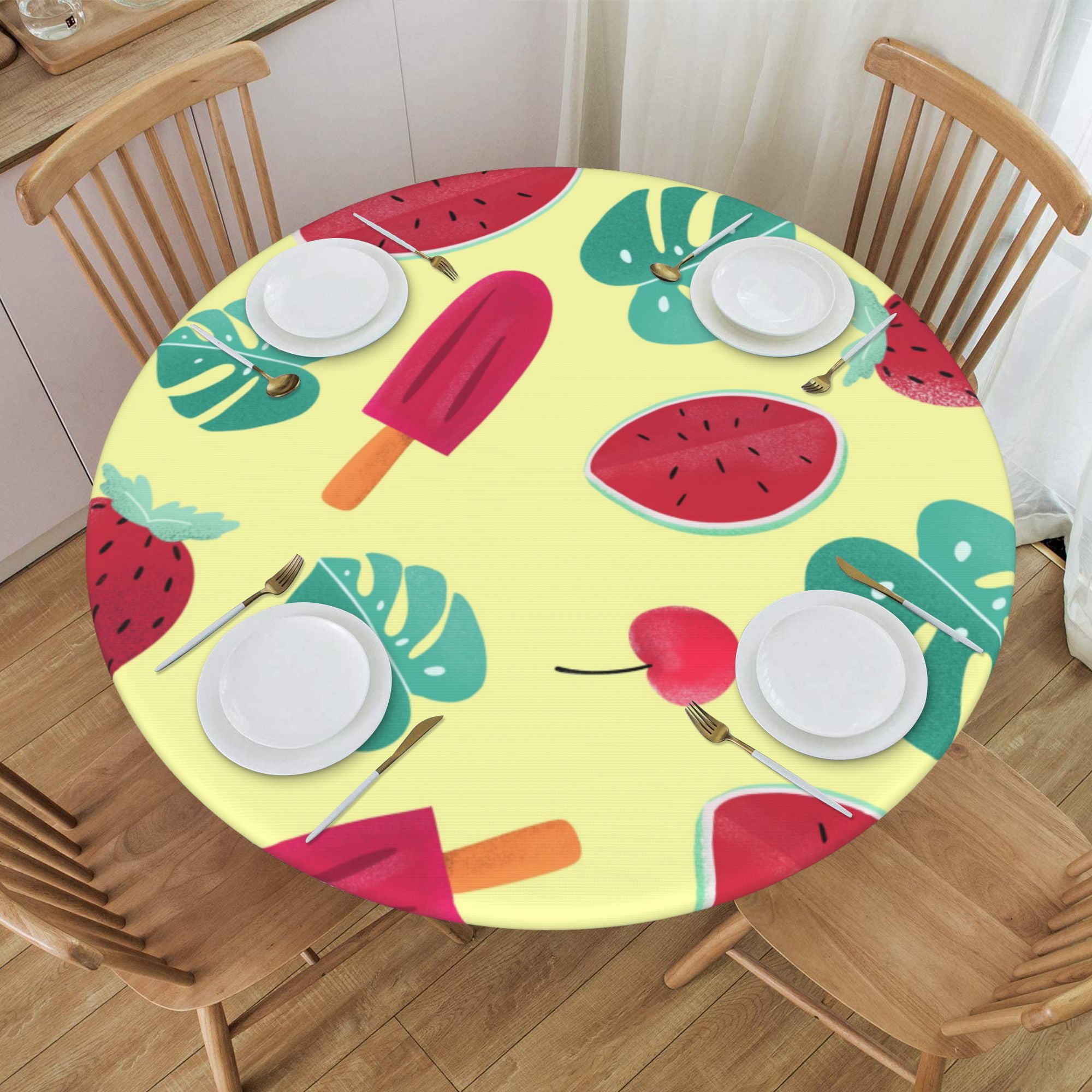 YFYANG Round Fitted Table Cloth, Waterproof Cartoon Fruit Watermelon ...