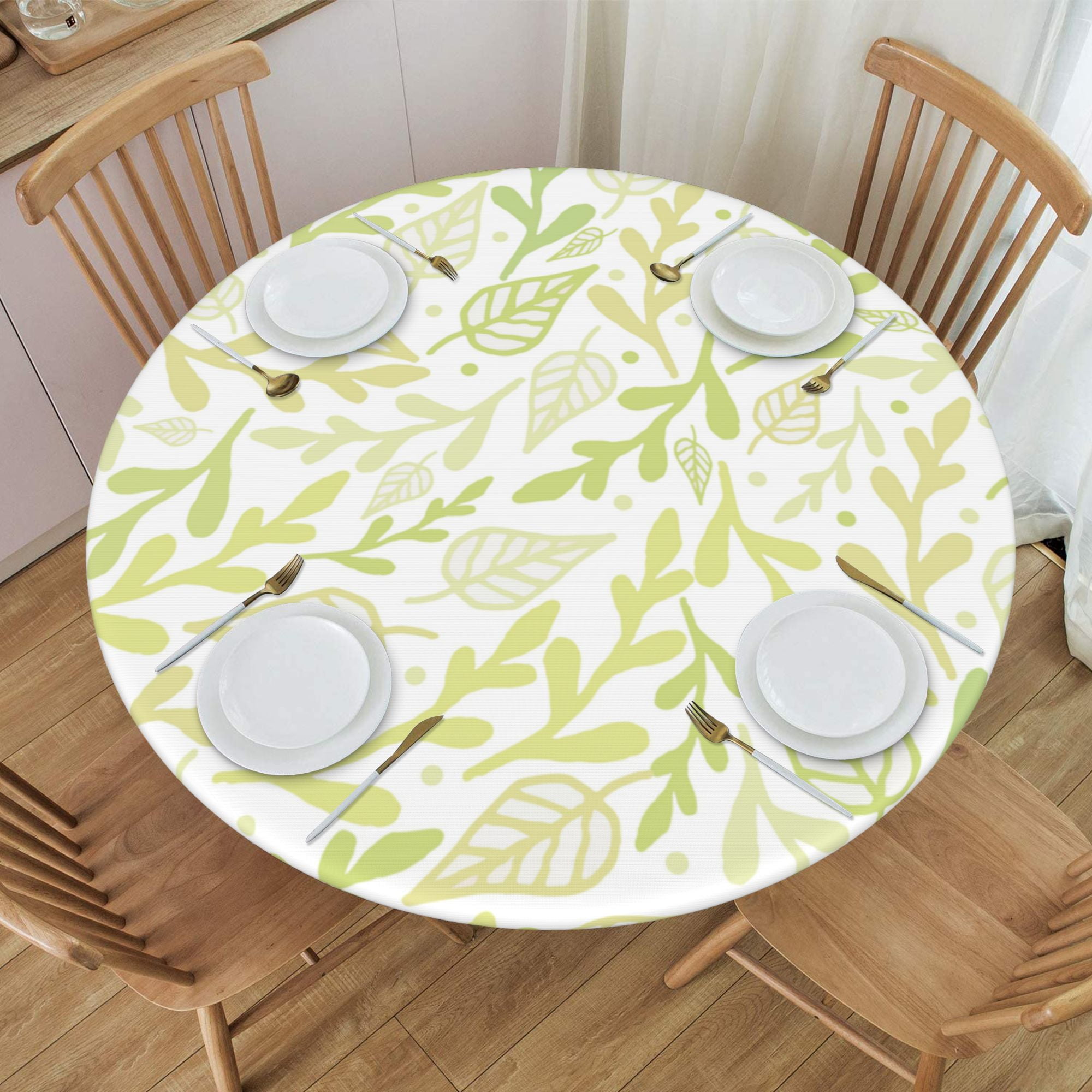 YFYANG Round Fitted Table Cloth, Waterproof Green Leaf Graffiti Pattern ...