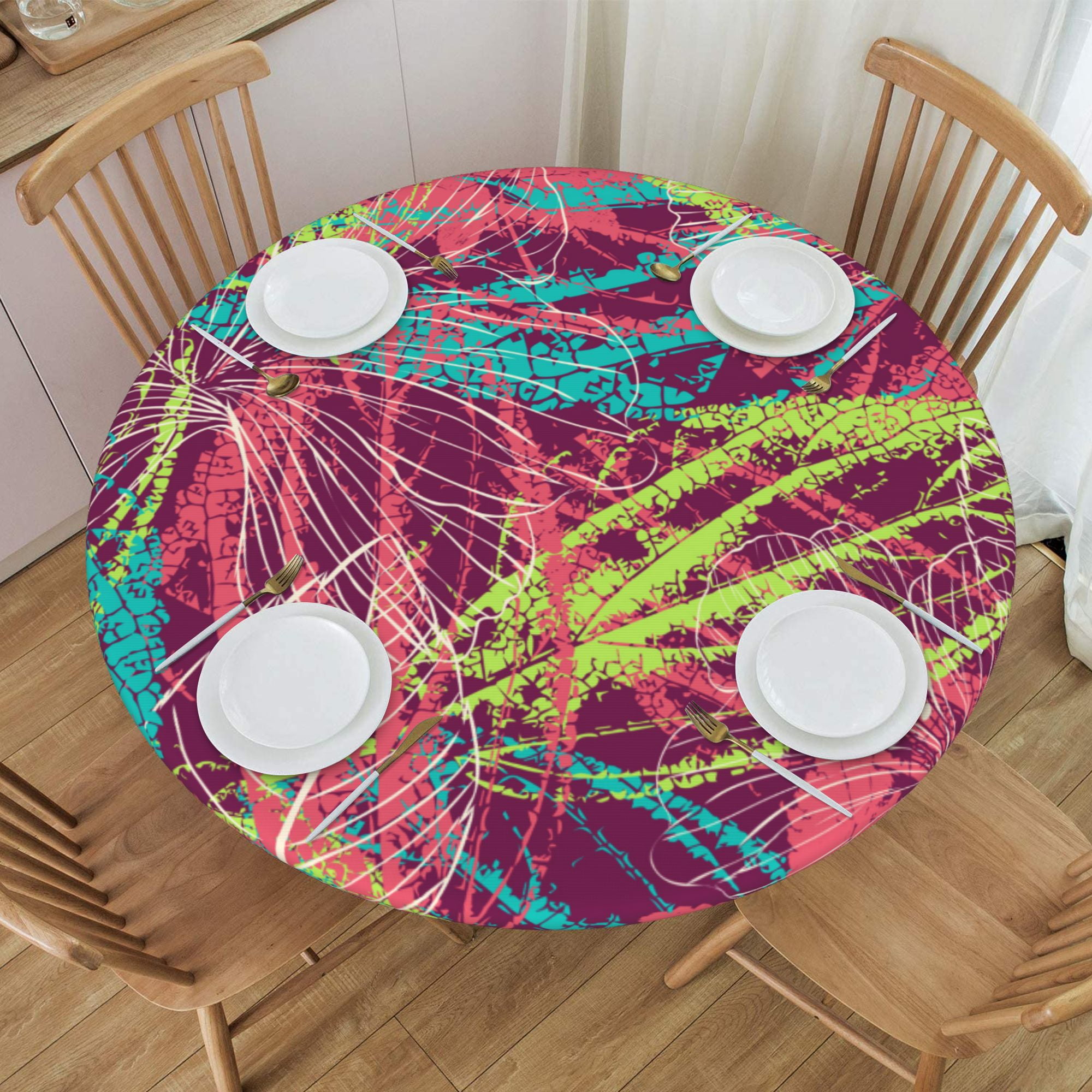 YFYANG Round Fitted Table Cloth, Waterproof Vintage Red Floral Texture ...