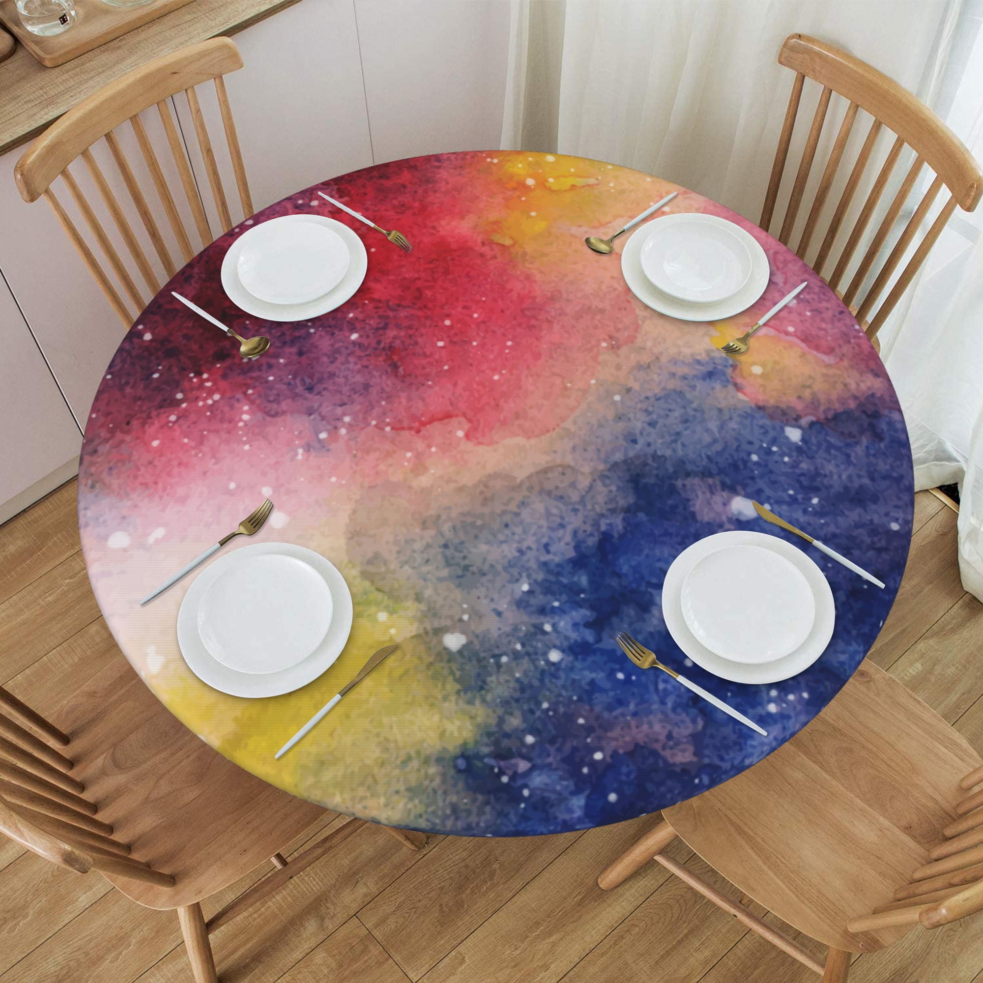 YFYANG Round Fitted Table Cloth, Waterproof Watercolor Galaxy Doodle ...