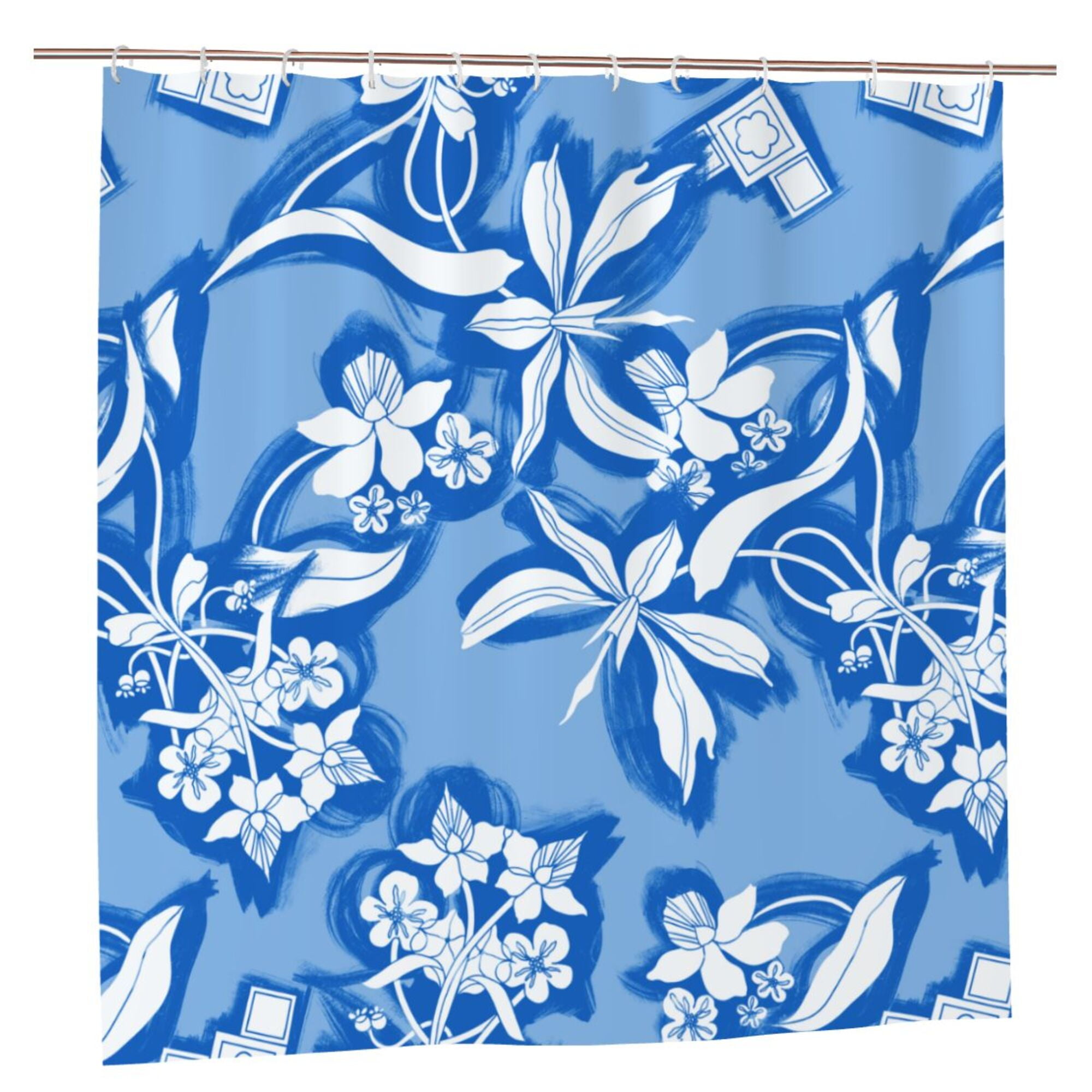 Yfyang Waterproof Bathroom Shower Curtain Blue Flower Doodle Shower
