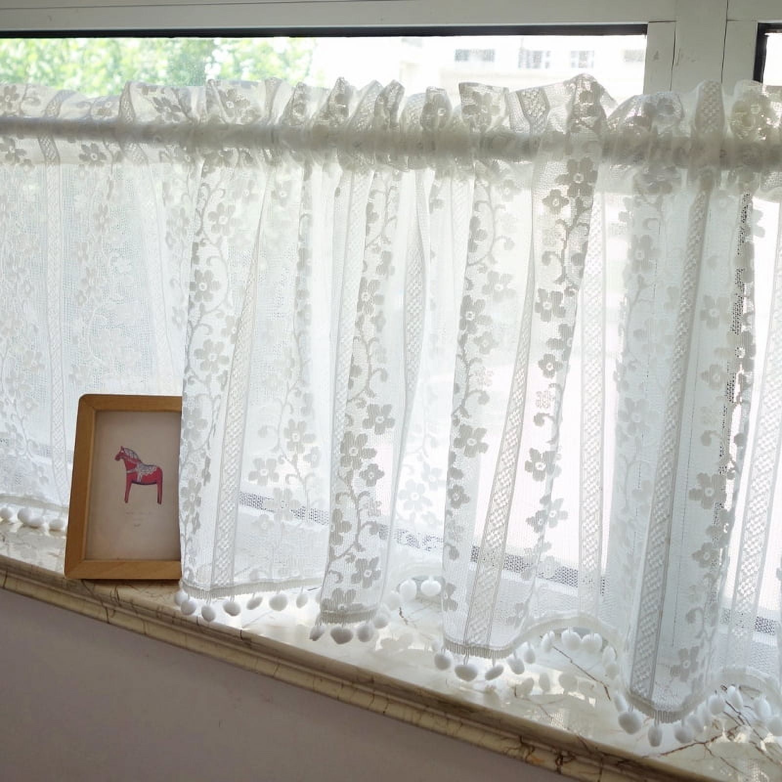 YGUII White Lace Short Curtain for Kitchen Window Jacquard Floral Sheer ...