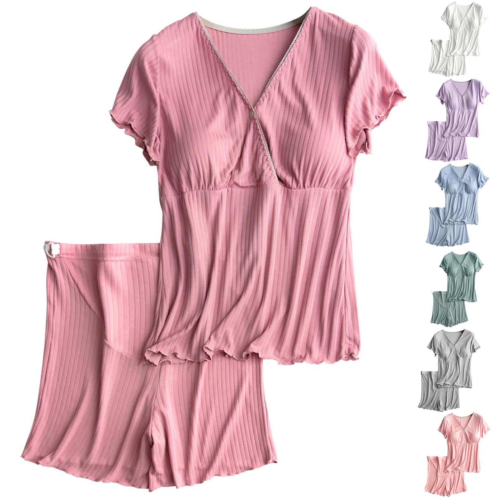 YHAJDS Maternity Nursing Shirts Solid Color Short Sleeve Round Neck Top ...