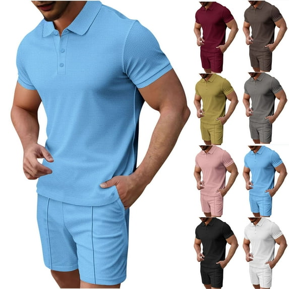 YHAJDS Mens 2 Piece Outfits Mens Summer Outfits Solid Color Lapel ...