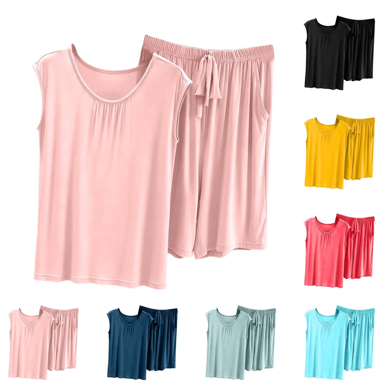 YHAJDS Pajama Set for Women 2 Piece Shorts Round Neck Tee and Shorts ...