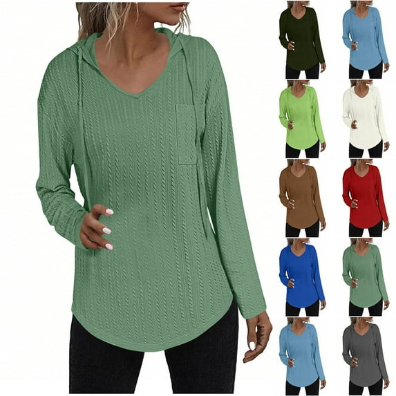 YHAJDS Shirts Womens Tops Solid Color Knit Long Sleeve Hooded V Neck ...