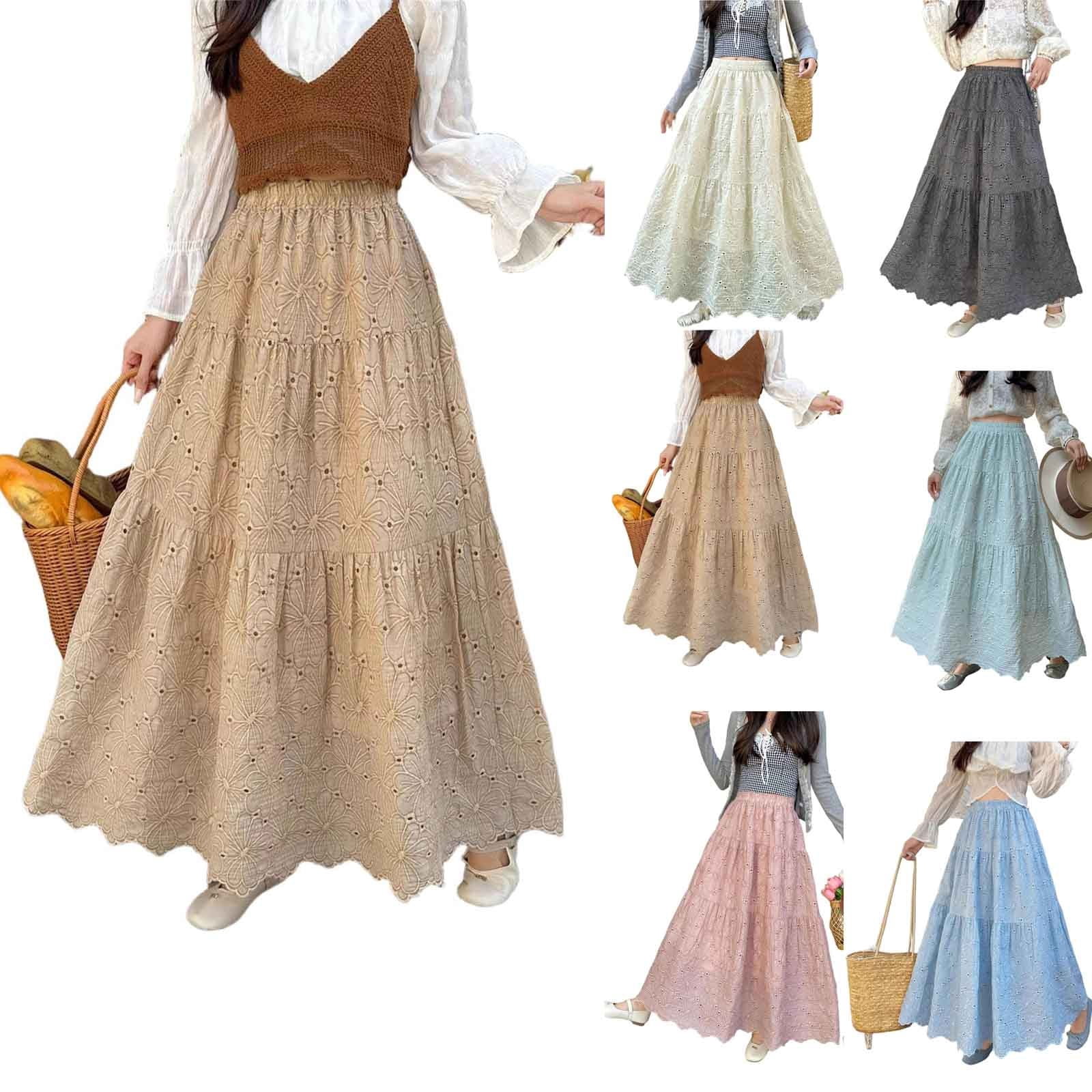 YHAJDS Skirts For Women French Vintage Embroidered Cutout Elastic Waist ...