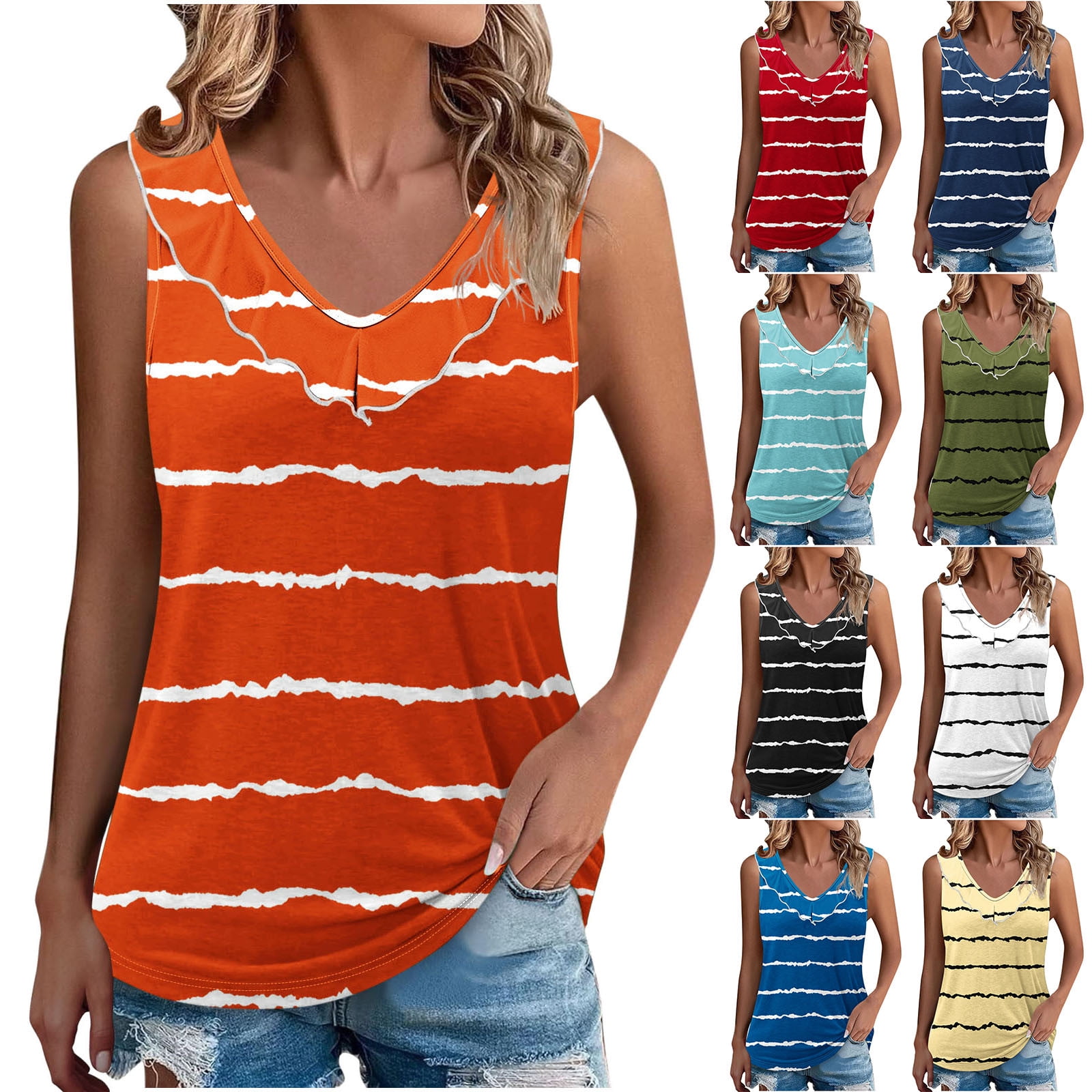 YHAJDS Tank Tops for Women Random Print Round Neck Ruffle Collar ...