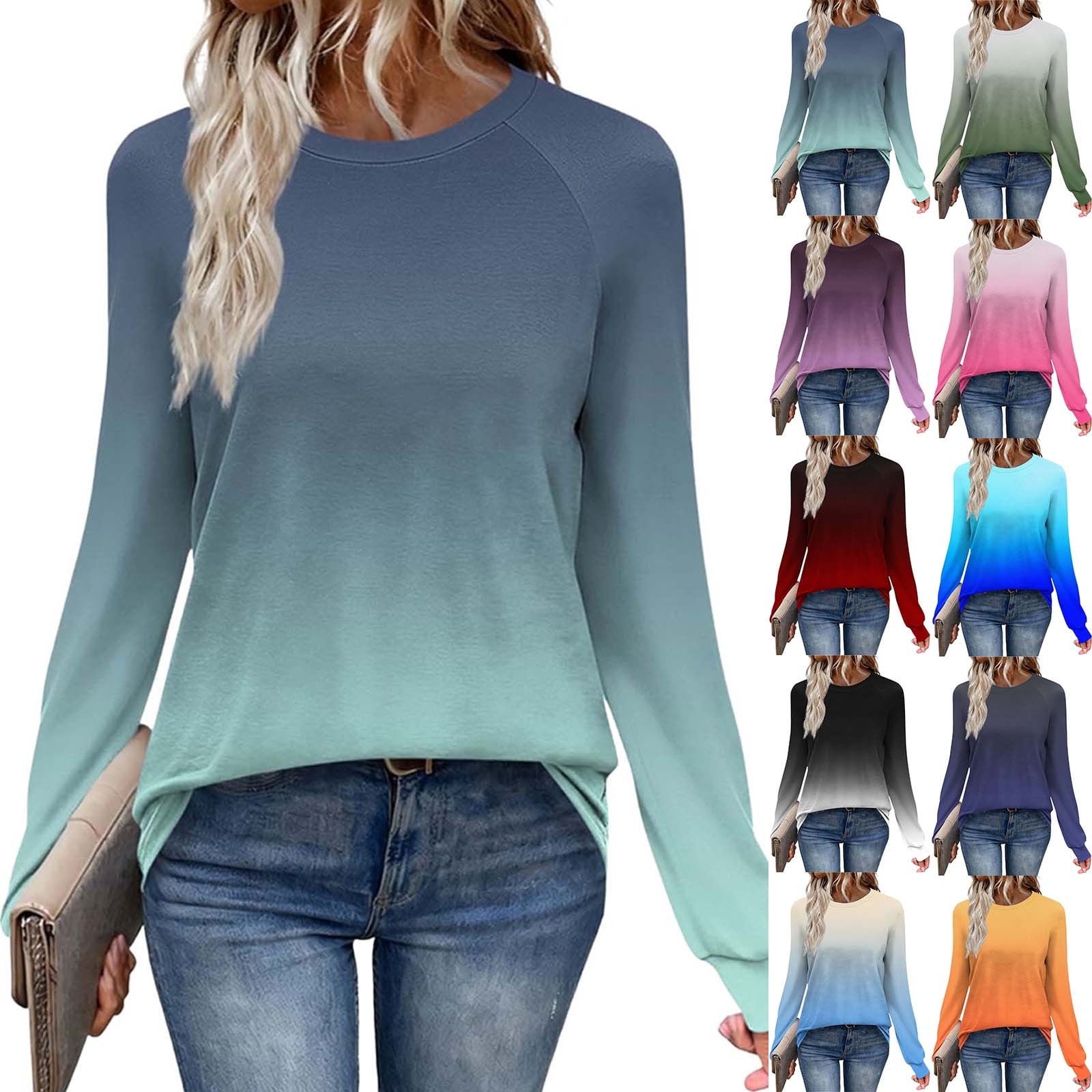 YHAJDS Tops for Women Trendy Spring Random Print Crew Neck Lightweight ...