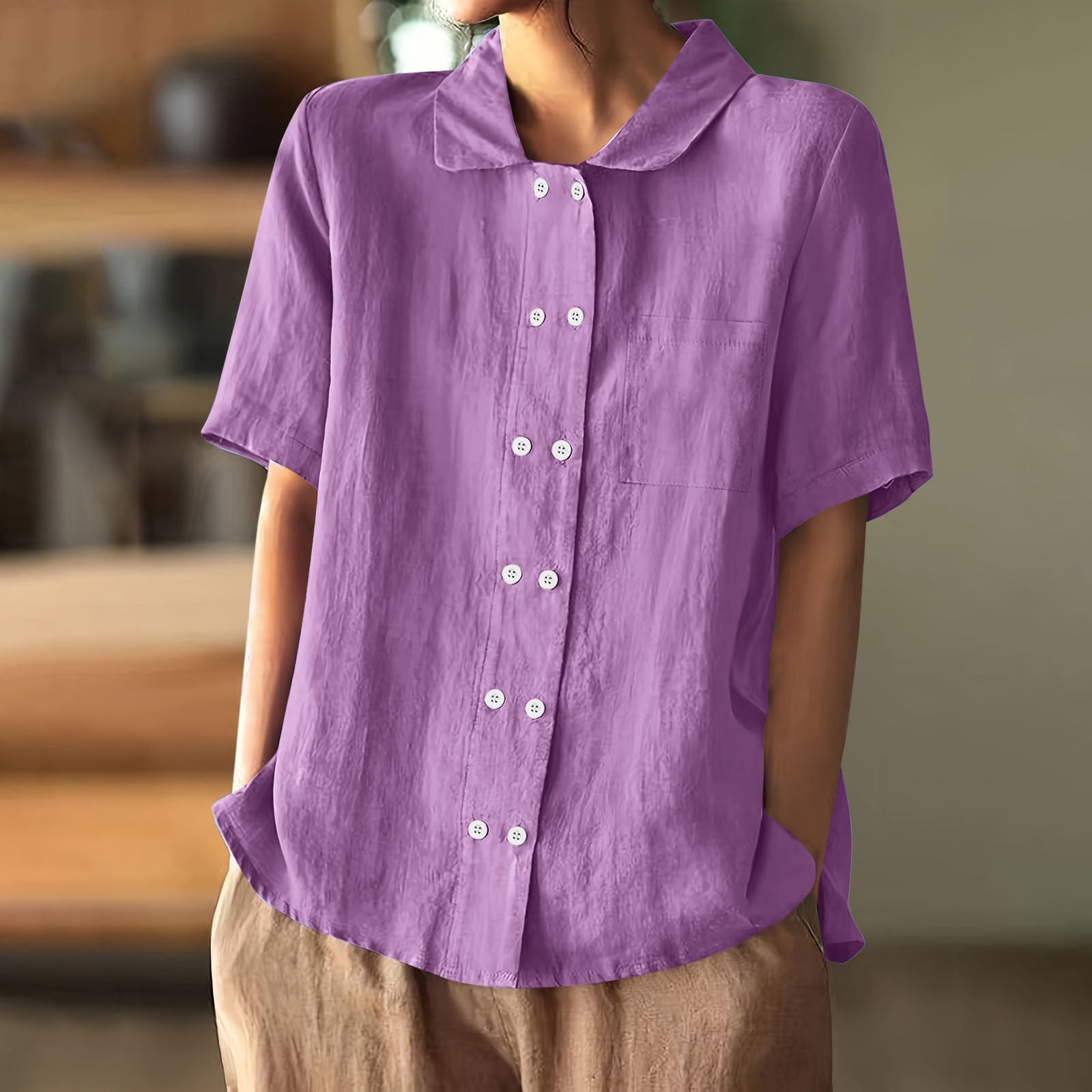 YHAJDS Women Blouses Dressy Casual Short Sleeve Collared Linen Double ...