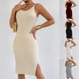 YHAJDS Women Sleeveless V-Neck Dress Solid Color Knit Ribbed Tank ...