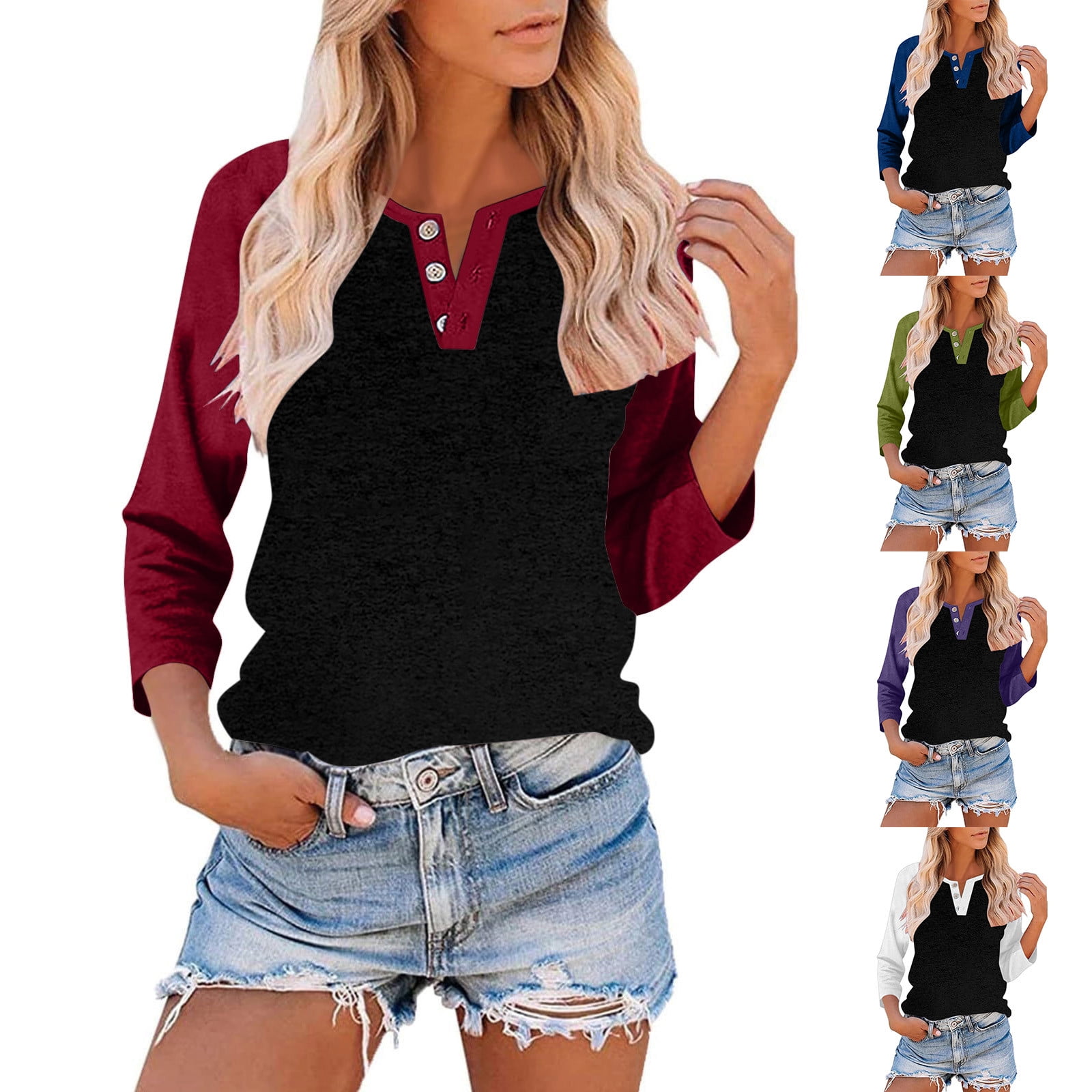 YHAJDS Women Tops Half Sleeves Spring Summer Solid Color Crew Neck ...