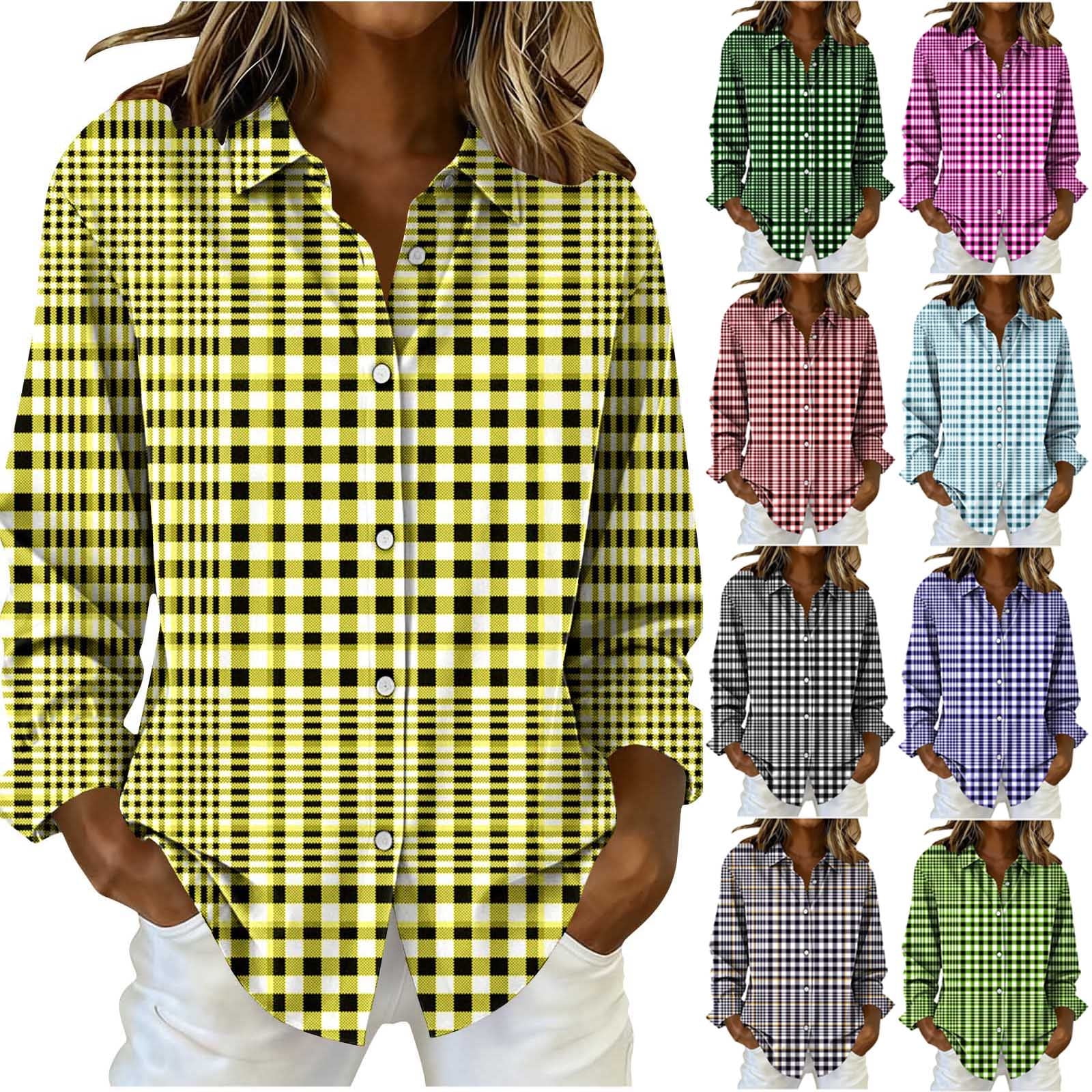 YHAJDS Womens Topss Plaid Print Breasted Long Sleeve Spring Summer ...