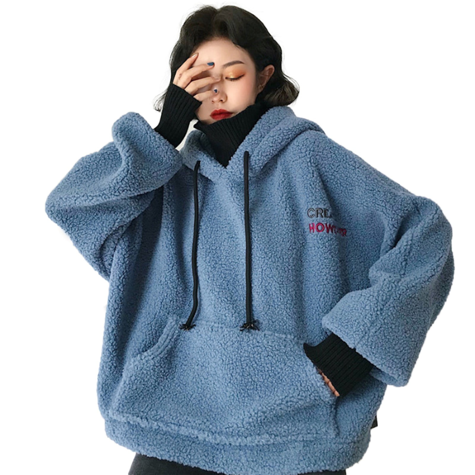 YHGFVOKJ Hoodies for Women Winter Fall Outwear Casual Fuzzy Warm Hooded Two Pieces Sweatshirt ...