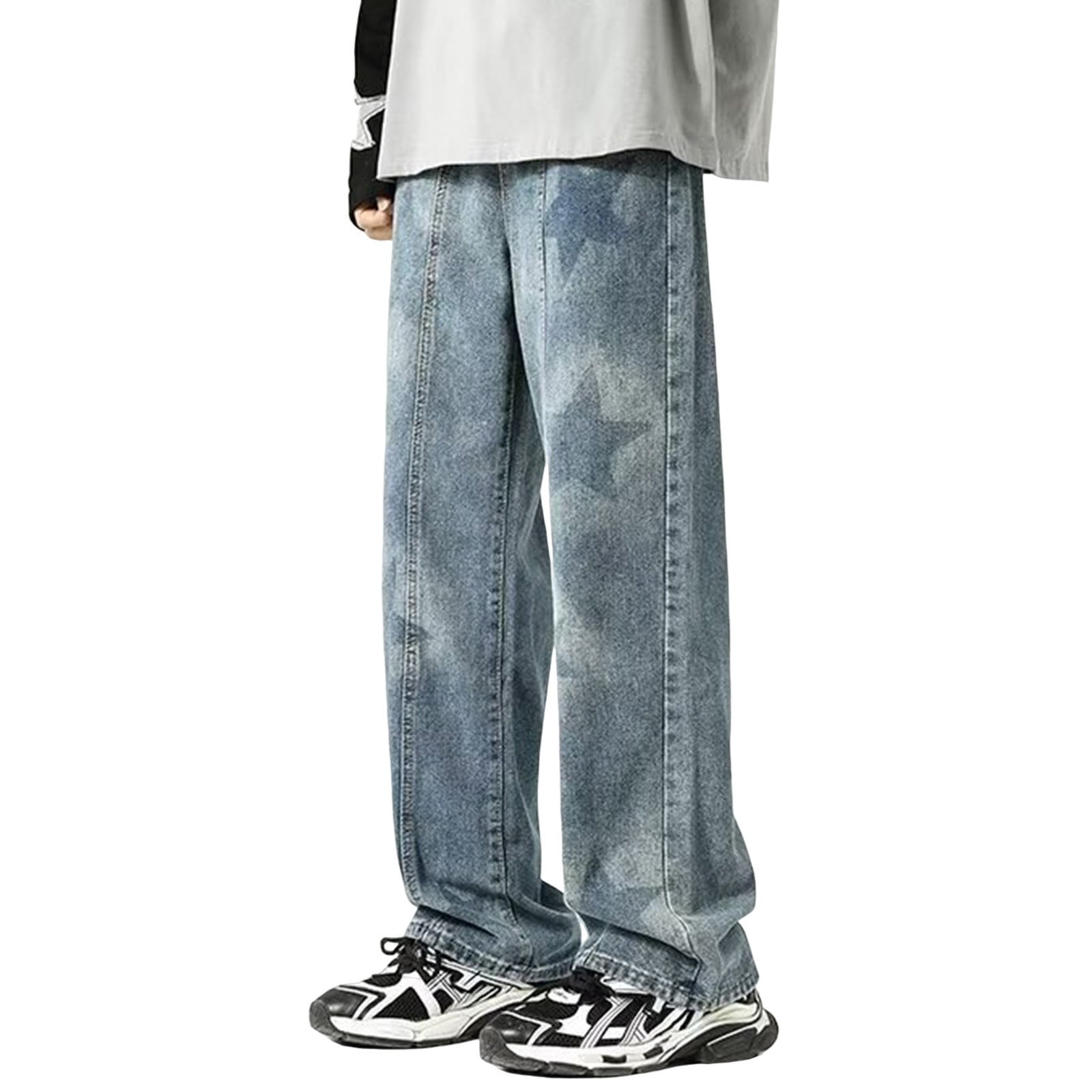 YHGFVOKJ Jeans for Men Mens Retro Star Print Jeans Straight Leg Design ...