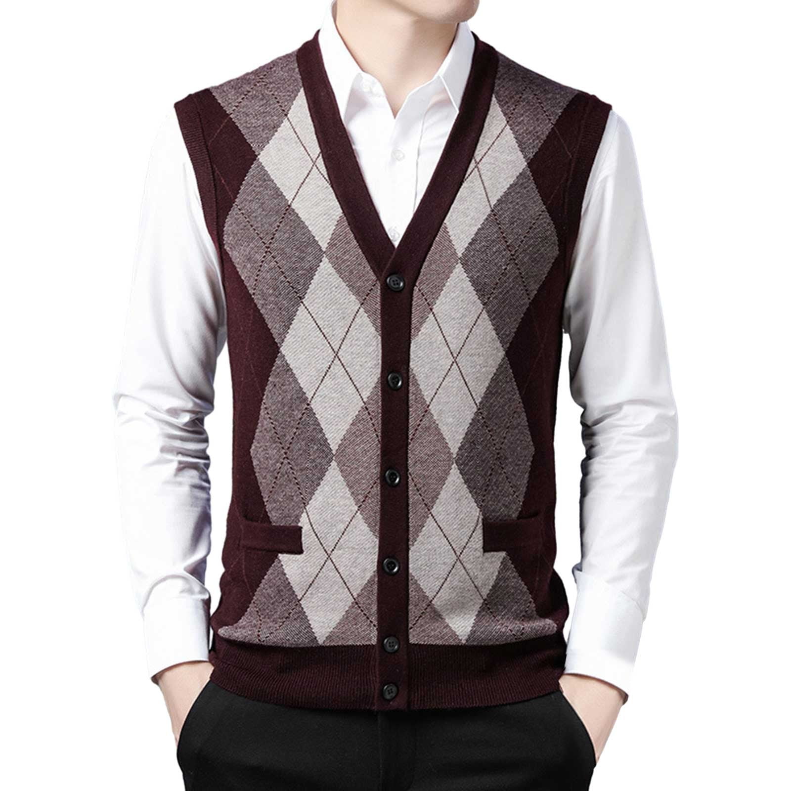YHGFVOKJ Mens Sweater Wool V Neck Knitted Cardigan Plaid Color Block ...