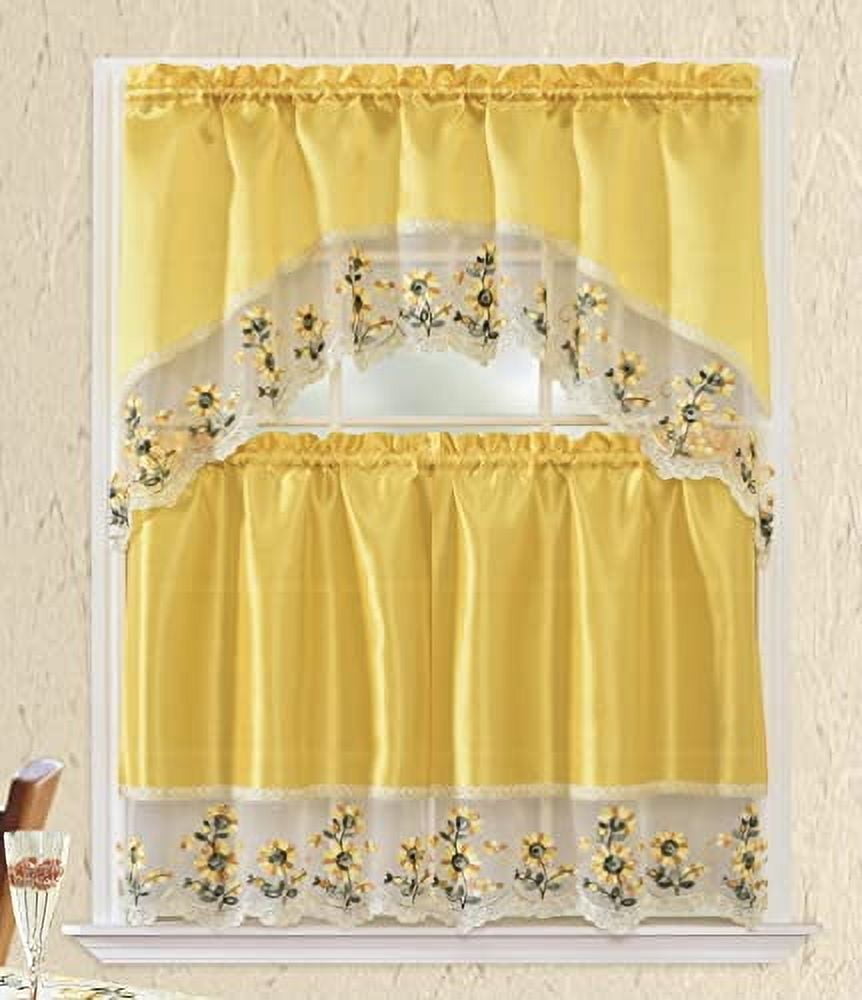 YHSF 3 Piece Rod Pocket Embroidered Kitchen Window Curtain Set 2 Tiers ...