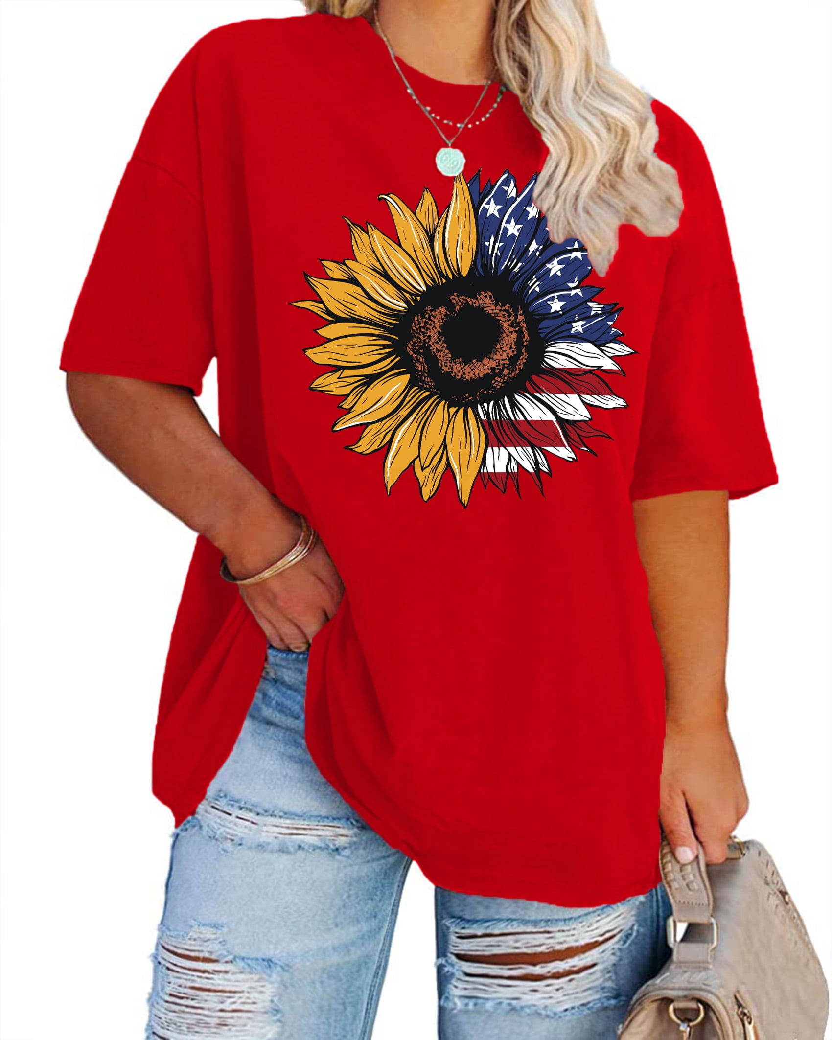 YI XIANG RAN 4th of July Shirts for Women Plus Size Usa Flag Flower T-shirt Patriotic Tops ...