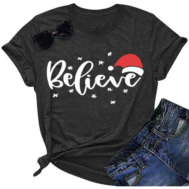 YI XIANG RAN Believe Christmas T Shirts Women Christmas Graphic T ...