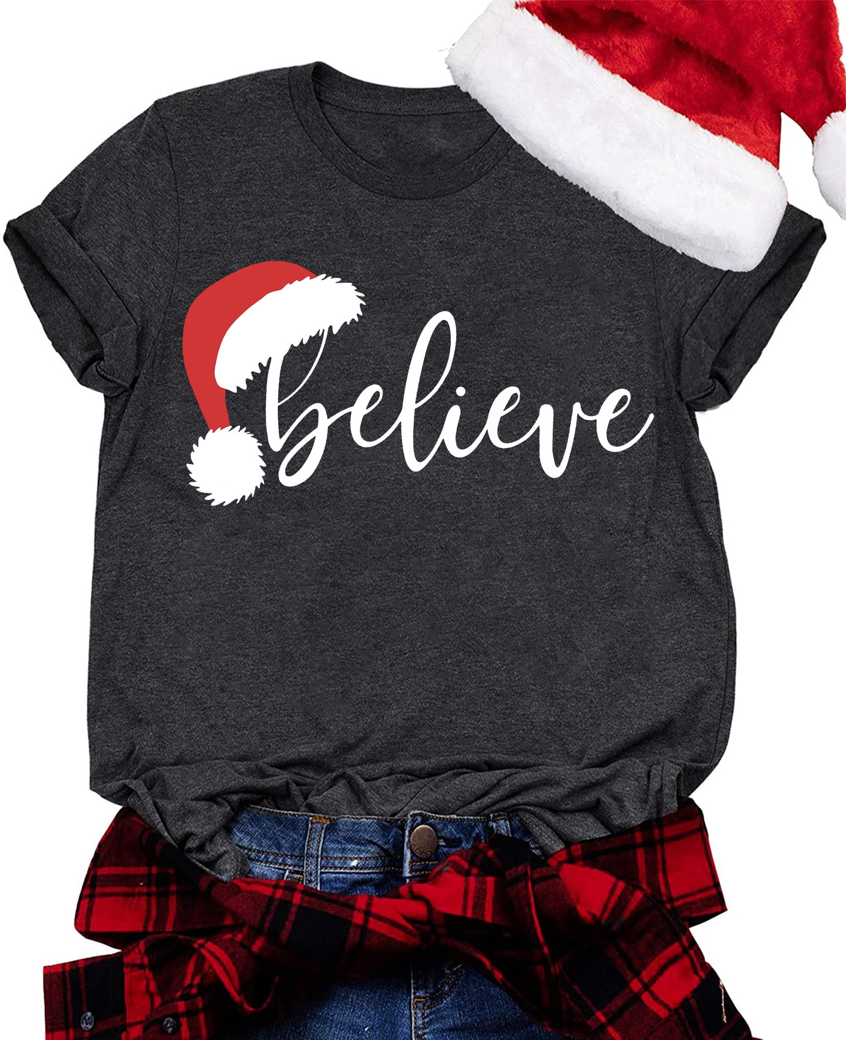 YI XIANG RAN Women's Believe Christmas Graphic T-Shirt, Holiday Casual ...