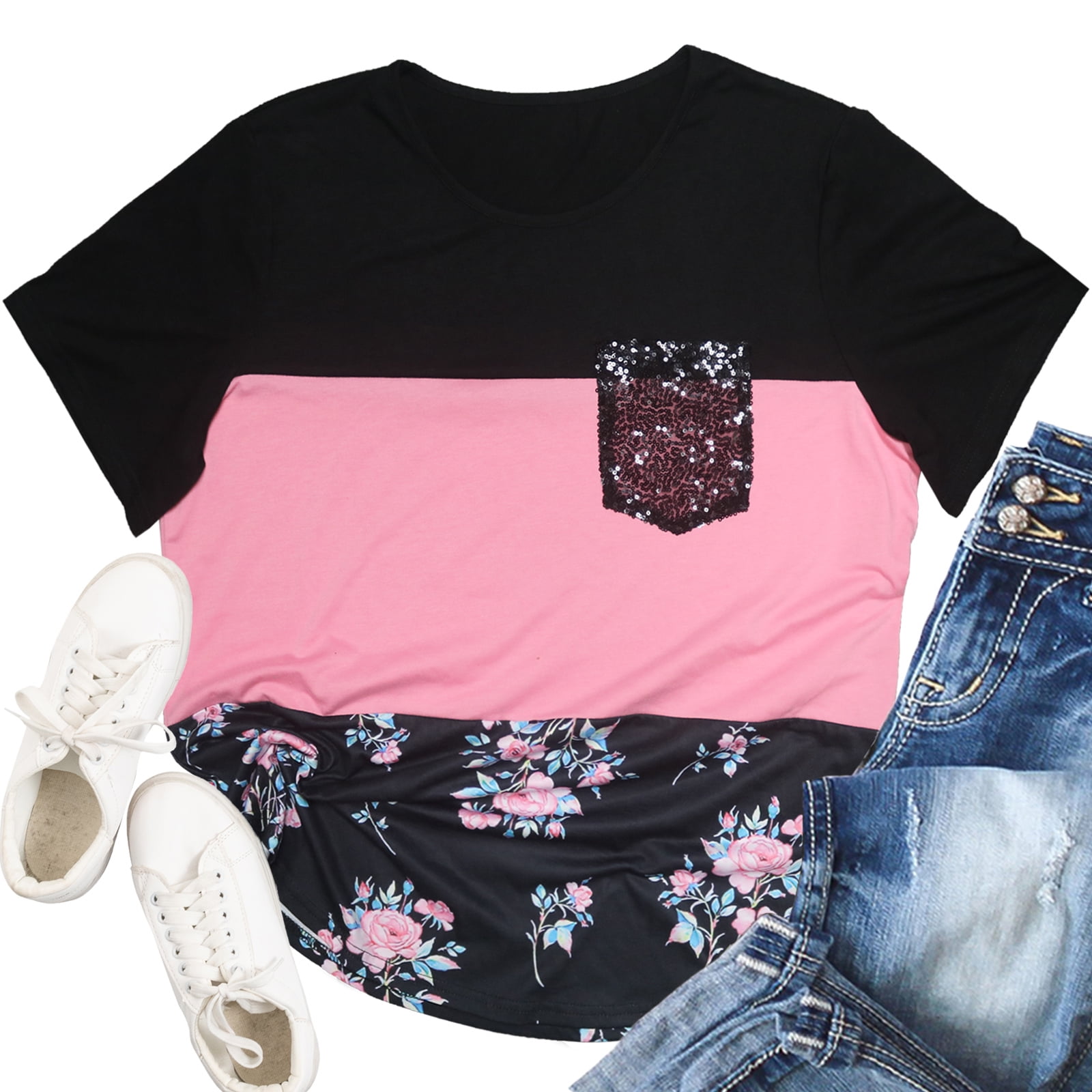 YI XIANG RAN Crew Neck T Shirts for Women Plus Size Color Block Pocket ...