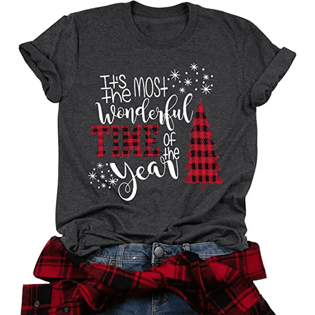 YI XIANG RAN Women's Merry Christmas T-Shirt, Xmas Buffalo Plaid Tree ...