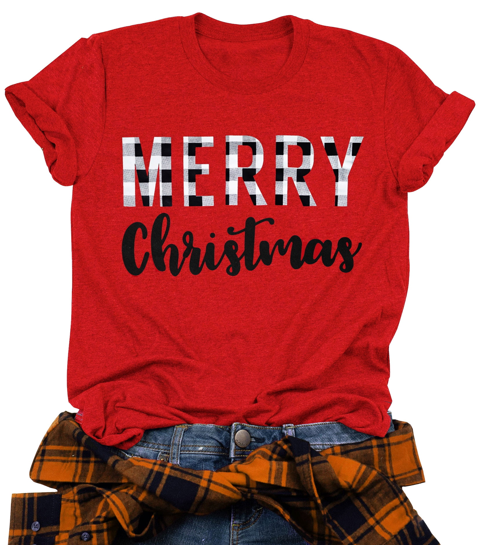YI XIANG RAN Women's Merry Christmas Buffalo Plaid T-Shirt, Holiday ...
