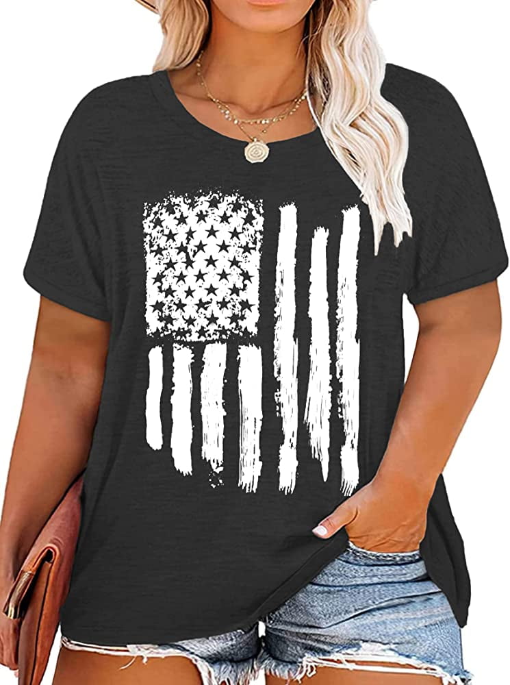 YI XIANG RAN Plus Size American Flag Shirts Women Patriotic Shirts USA Flag Graphic T-Shirt 4th ...