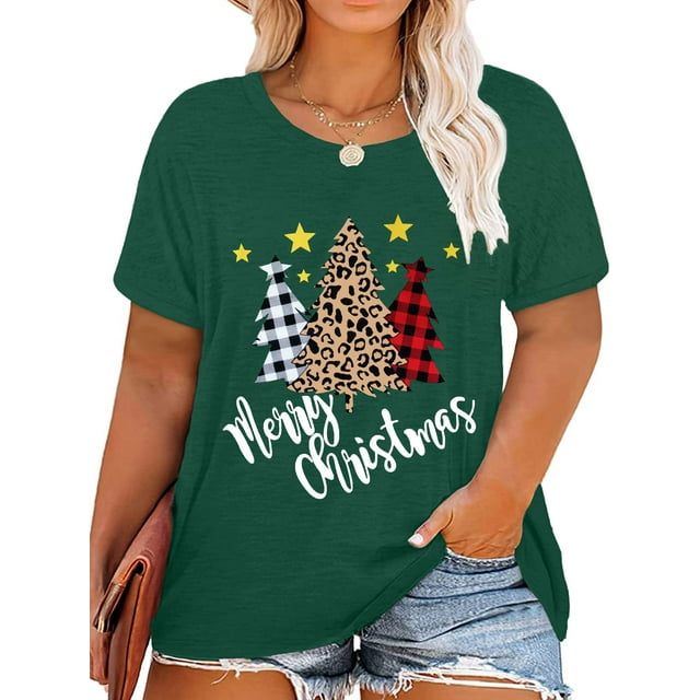 YI XIANG RAN Plus-Size Merry Christmas Leopard Plaid Tree Shirt, Women ...