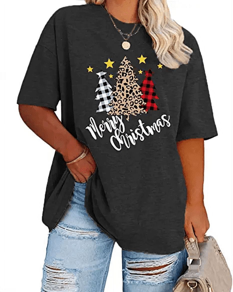 YI XIANG RAN Women's Plus-Size Merry Christmas Leopard Plaid Tree Print Holiday Tops Xmas Tee, X ...
