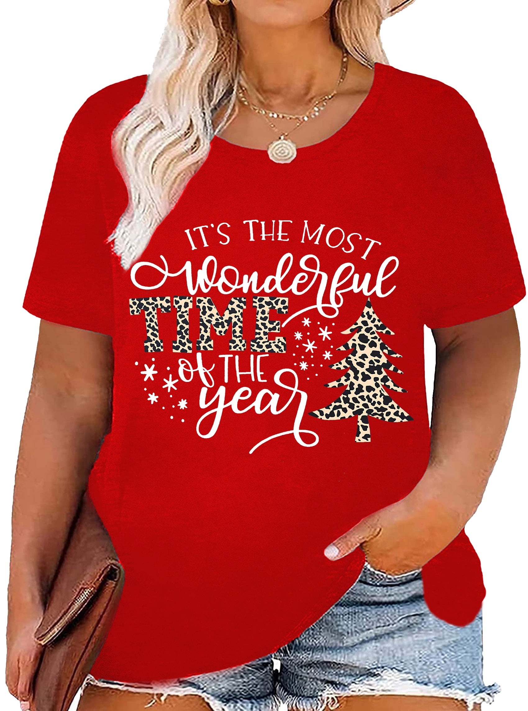 Yi Xiang Ran Plus Size Christmas Tops Women Merry Christmas Shirt Xmas Buffalo Plaid Tree T