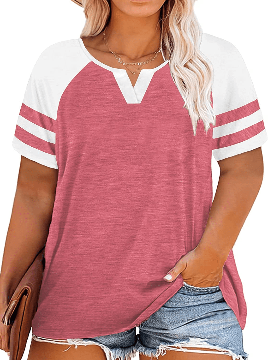 YI XIANG RAN Plus-Size Shirt for Women Summer V Neck T Shirts Raglan Striped Sleeve Tees Color ...