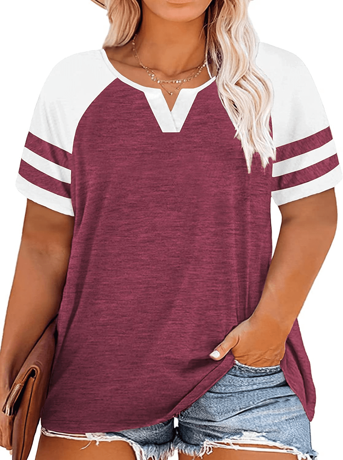 YI XIANG RAN Plus-Size Shirt for Women Summer V Neck T Shirts Raglan ...