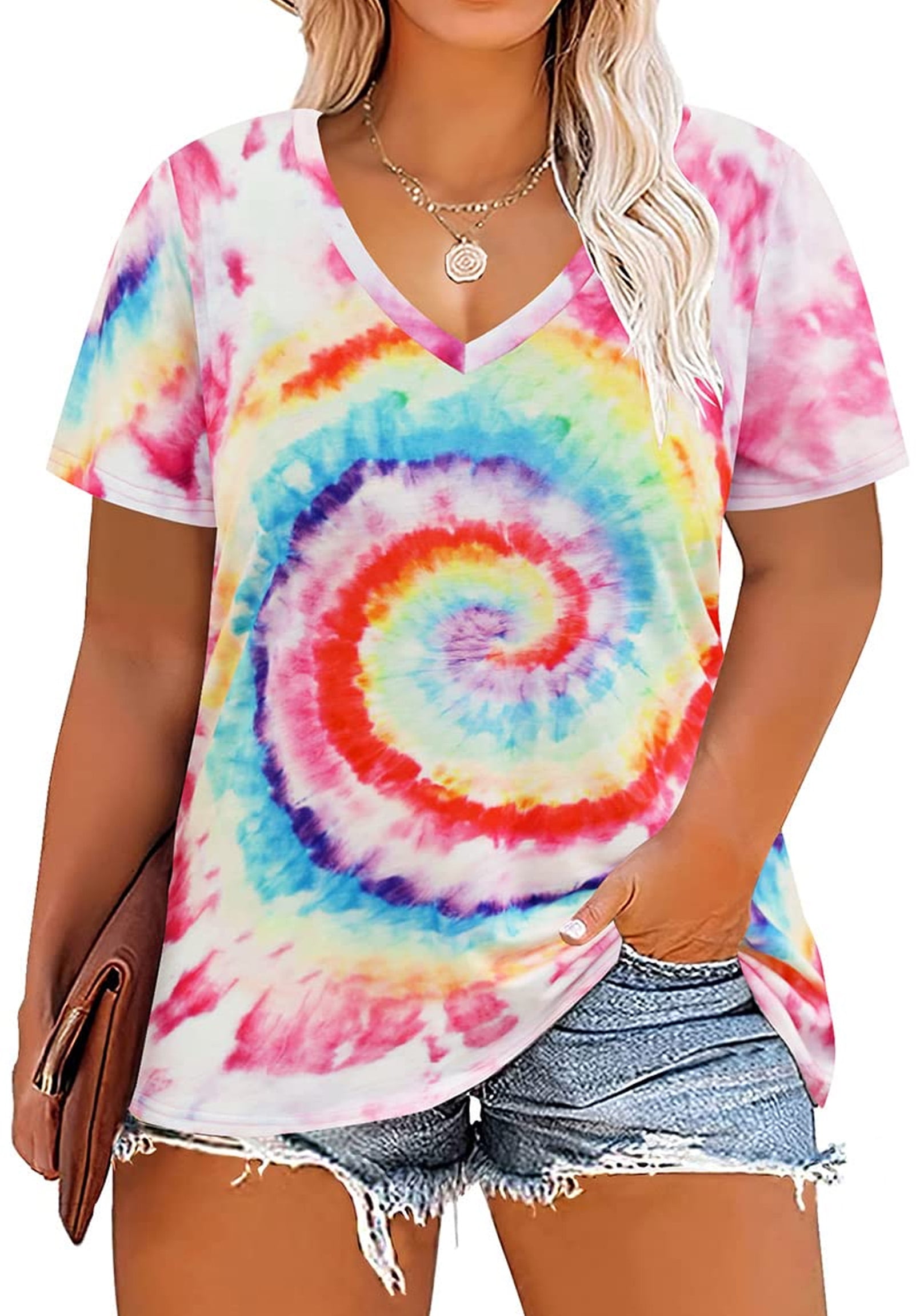 YI XIANG RAN Plus Size Tops for Women Tie Dye T Shirts V Neck Summer ...