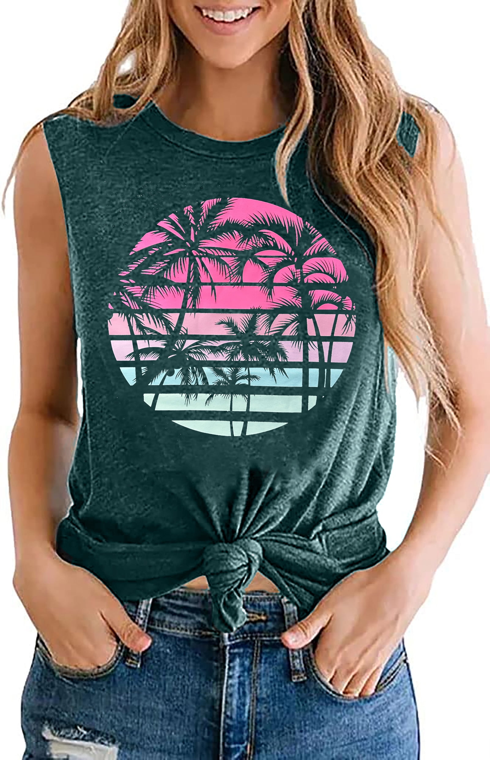 YI XIANG RAN Summer Beach Tank Shirts Women Palm Trees Sunset Beach Tank Top Tropical Hawaiian ...