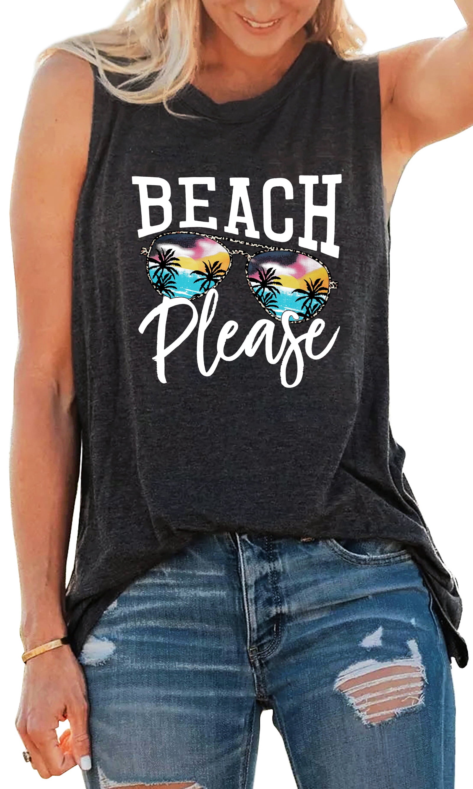 YI XIANG RAN Summer Beach Tanks for Women Sunglasses Beach Tank Tops Sleeveless Hawaiian ...
