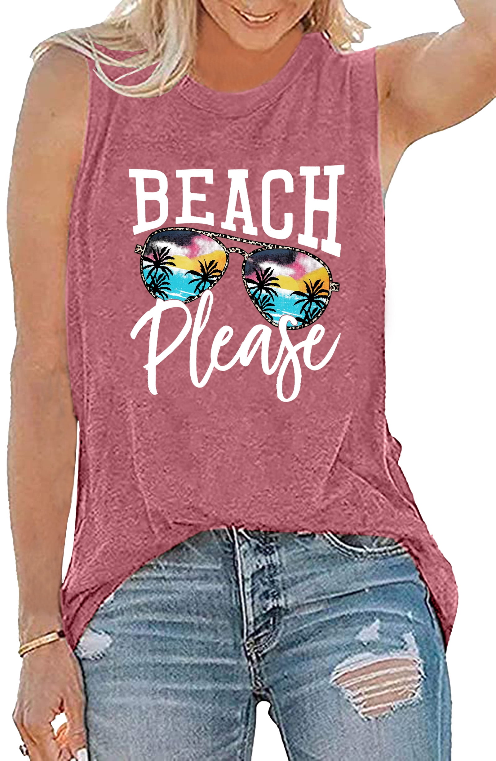 YI XIANG RAN Summer Beach Tanks for Women Sunglasses Beach Tank Tops Sleeveless Hawaiian ...