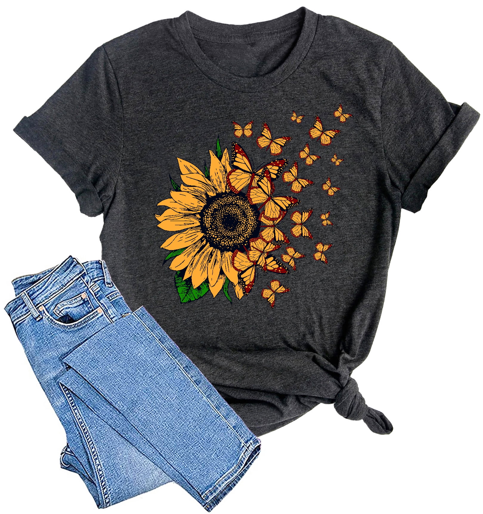 YI XIANG RAN Women's Sunflower Butterfly Printed Short Sleeve Inspirational Graphic Tee ...