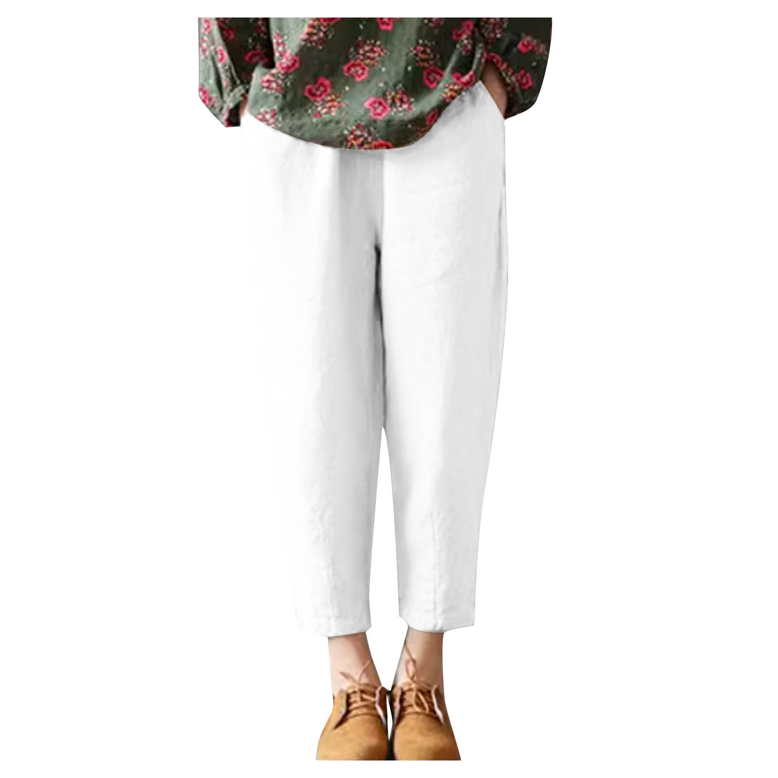 YI YI Women's Linen Cropped Pants Tapered Ankle Capris Trousers Elastic ...