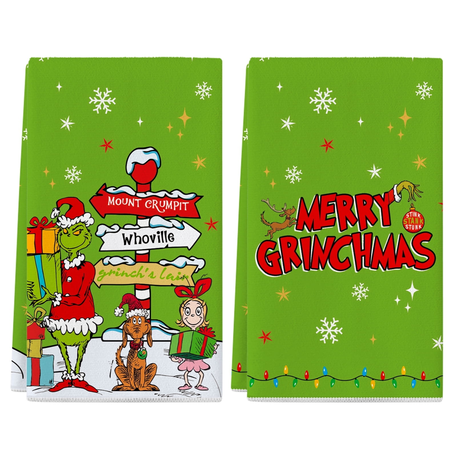 YIBAGA Grinch Kitchen Towels Set of 2, Merry Grinchmas Dish Towels ...