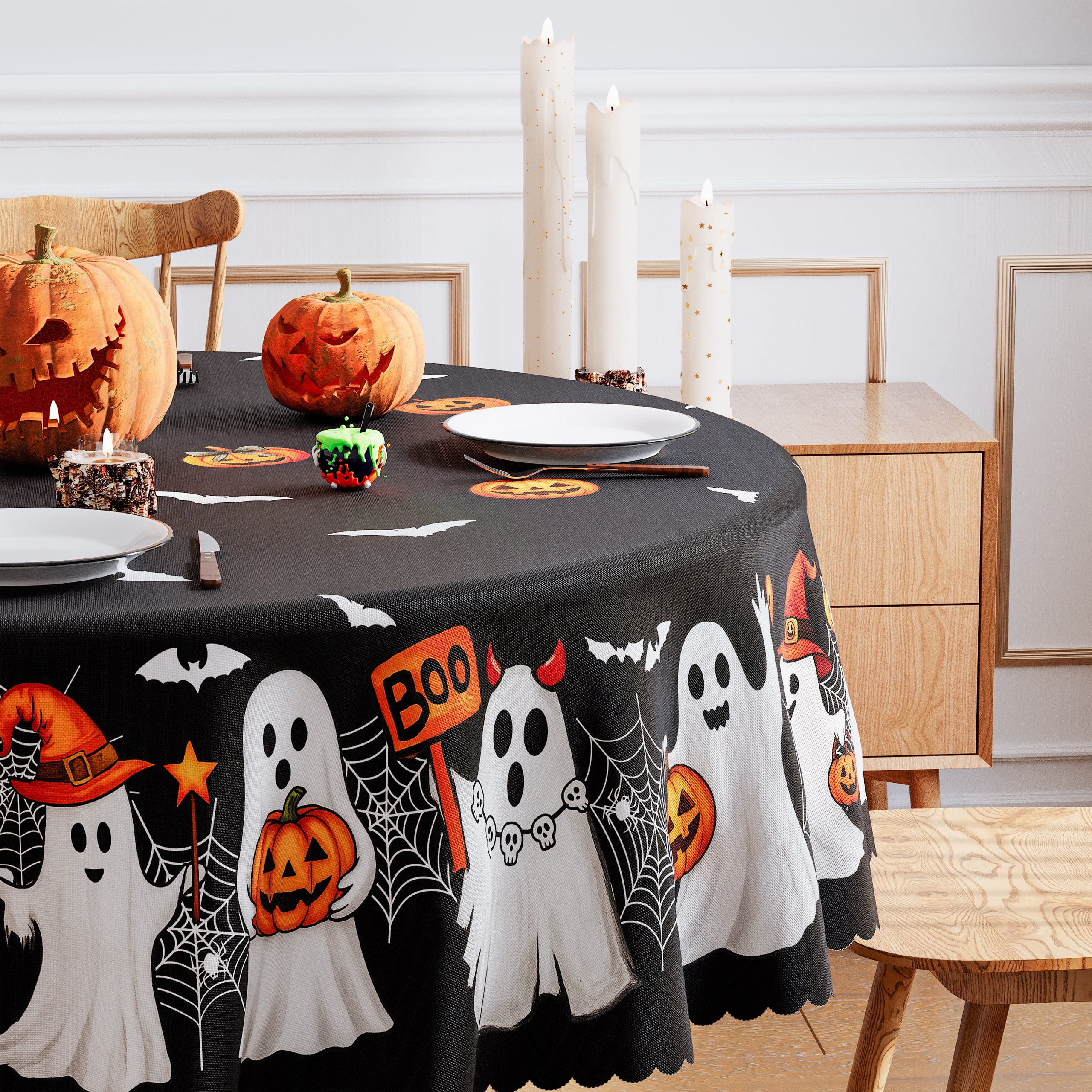 YIBAGA Halloween Tablecloth, Ghosts Pumpkins Bats Tableware Home Decor ...