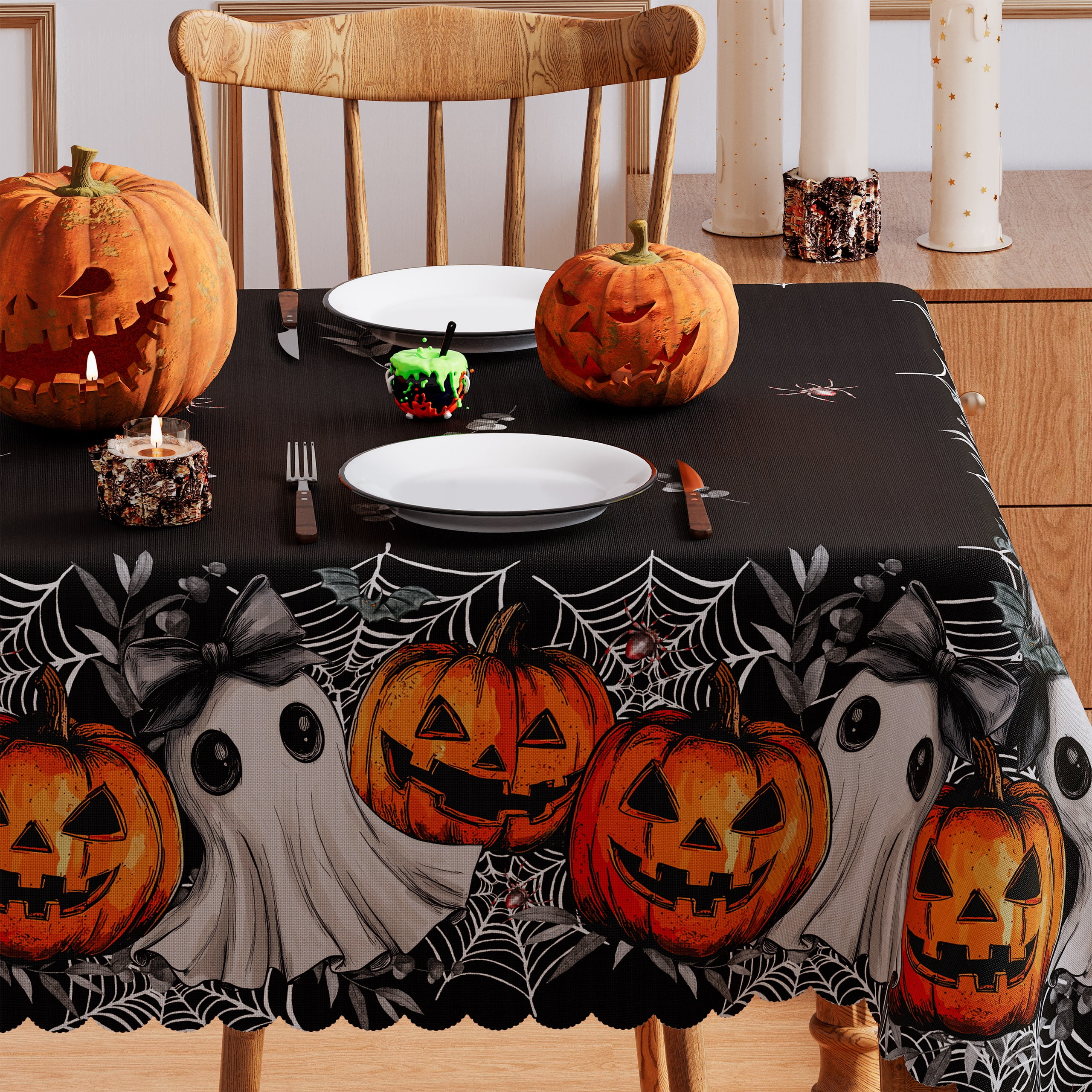 YIBAGA Halloween Tablecloth, Ghosts Pumpkins Cobwebs Tableware Home ...