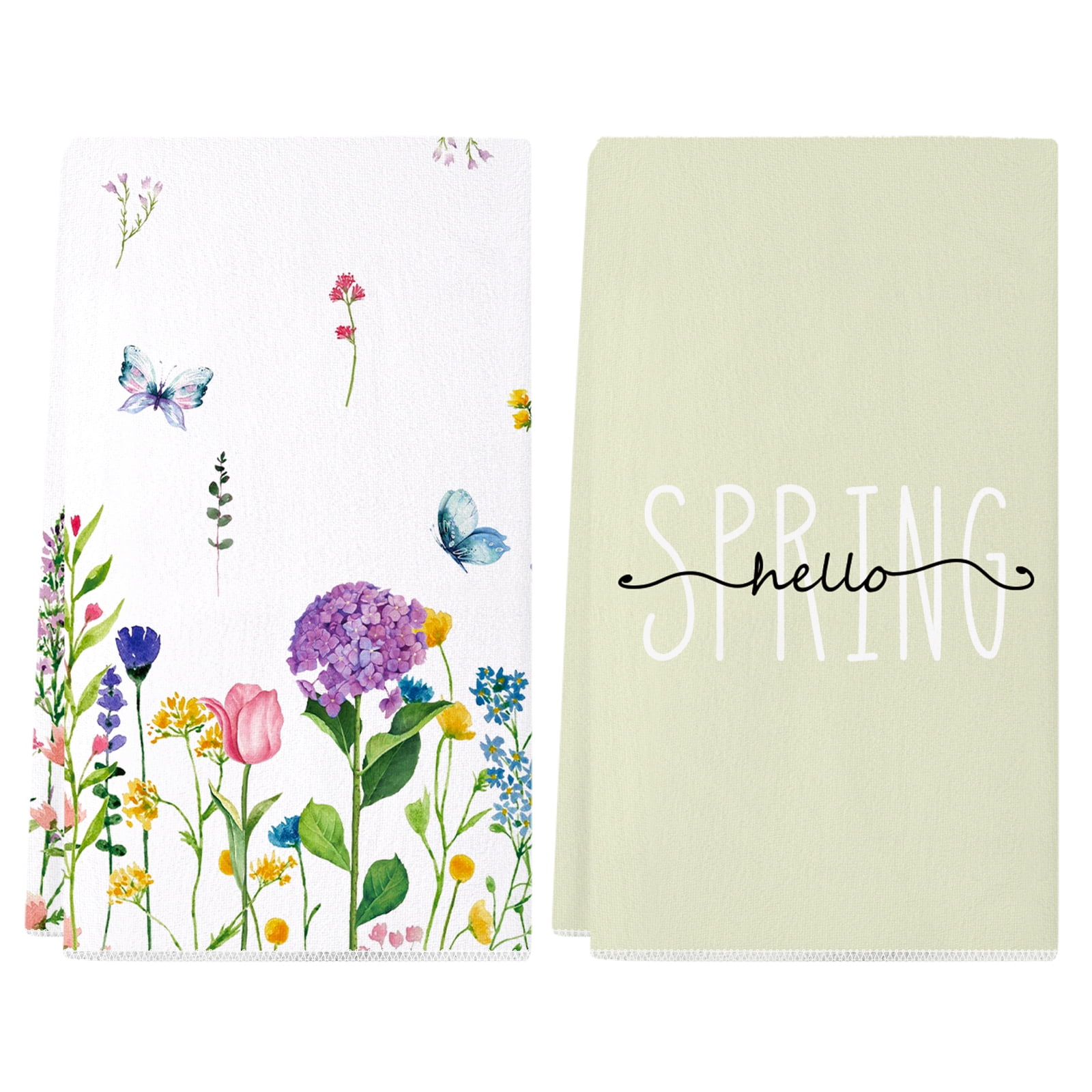 YIBAGA Spring Kitchen Towels Set of 2, Leaves Floral Dishcloth Decor ...