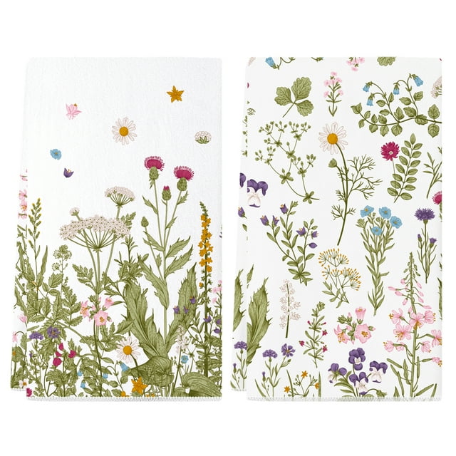 YIBAGA Spring Kitchen Towels Set of 2, Leaves Floral Dishcloth ...