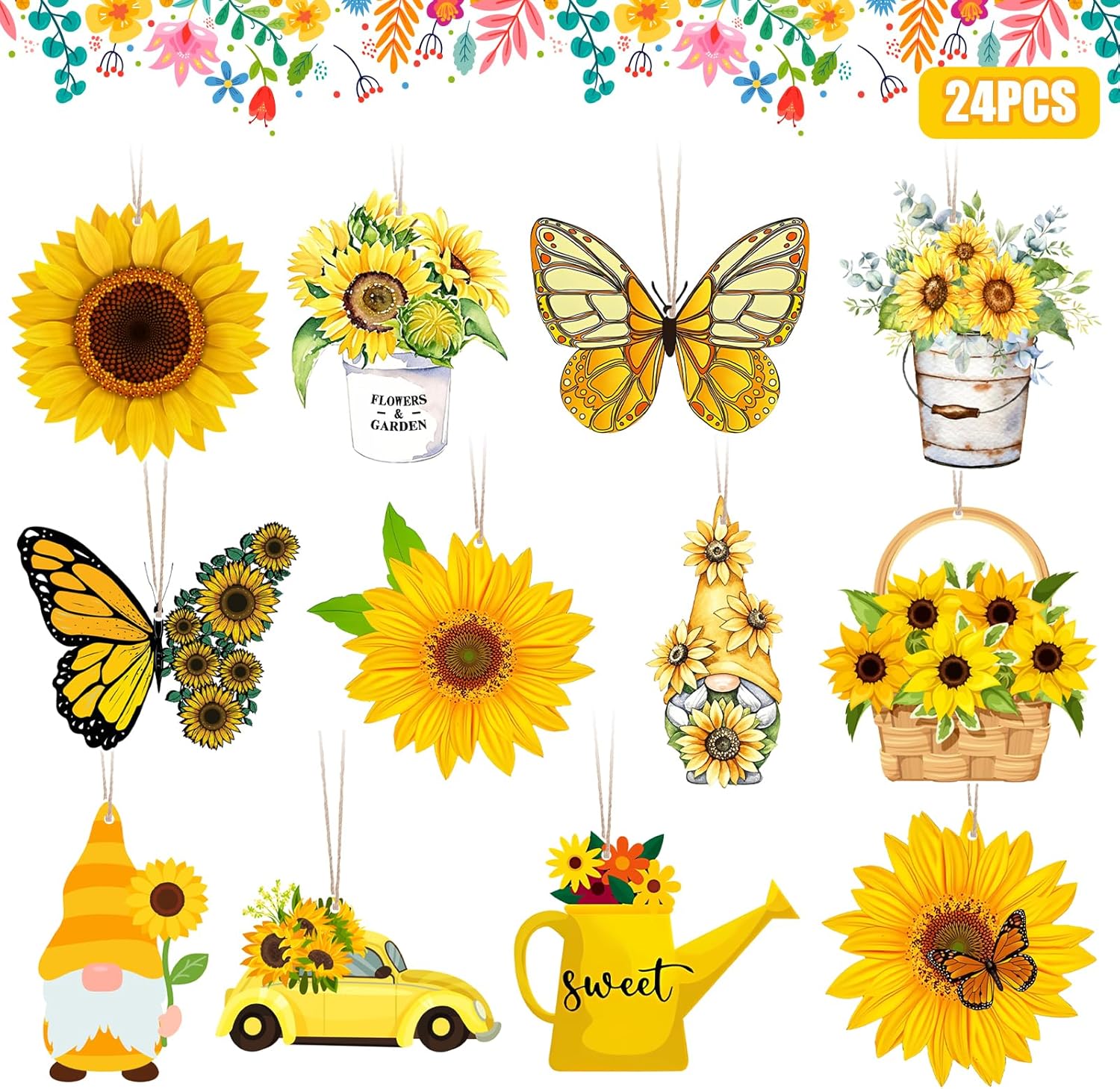YIBAGA Summer Tree Decorations Sunflower Gnomes Wooden Tree Ornaments ...