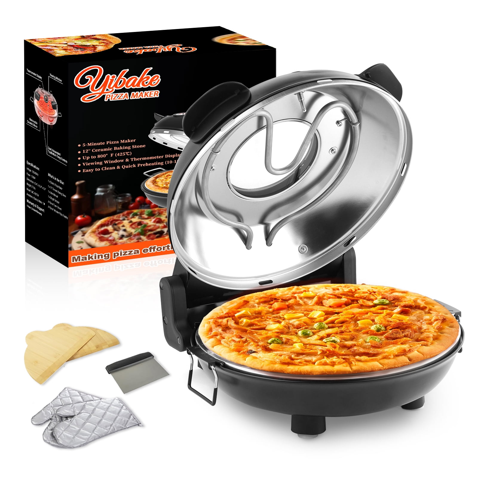 YIBAKE Electric Pizza Oven, 12 Inch Indoor Countertop, Dual Temp ...