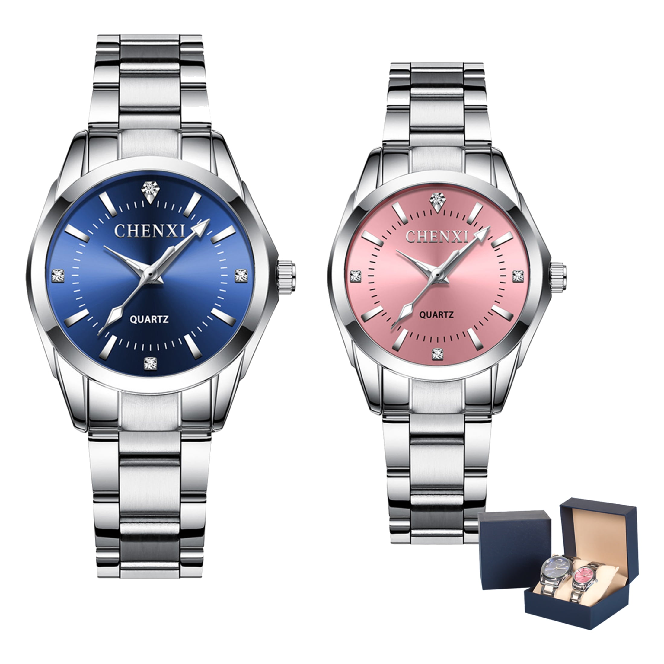 YIBONIKA Couple Watches Men and Women Silver Stainless Steel Watch His ...